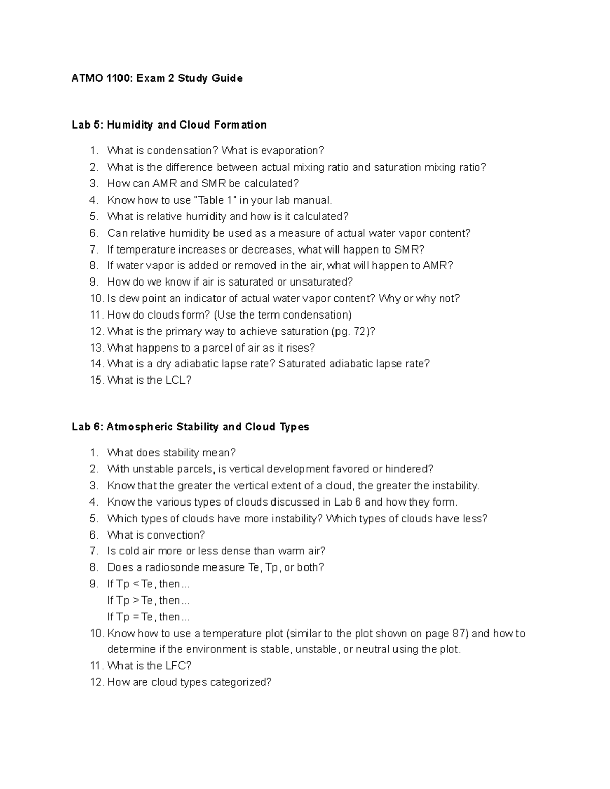 Exam 2 Study Guide - ATMO 1100: Exam 2 Study Guide Lab 5: Humidity and ...