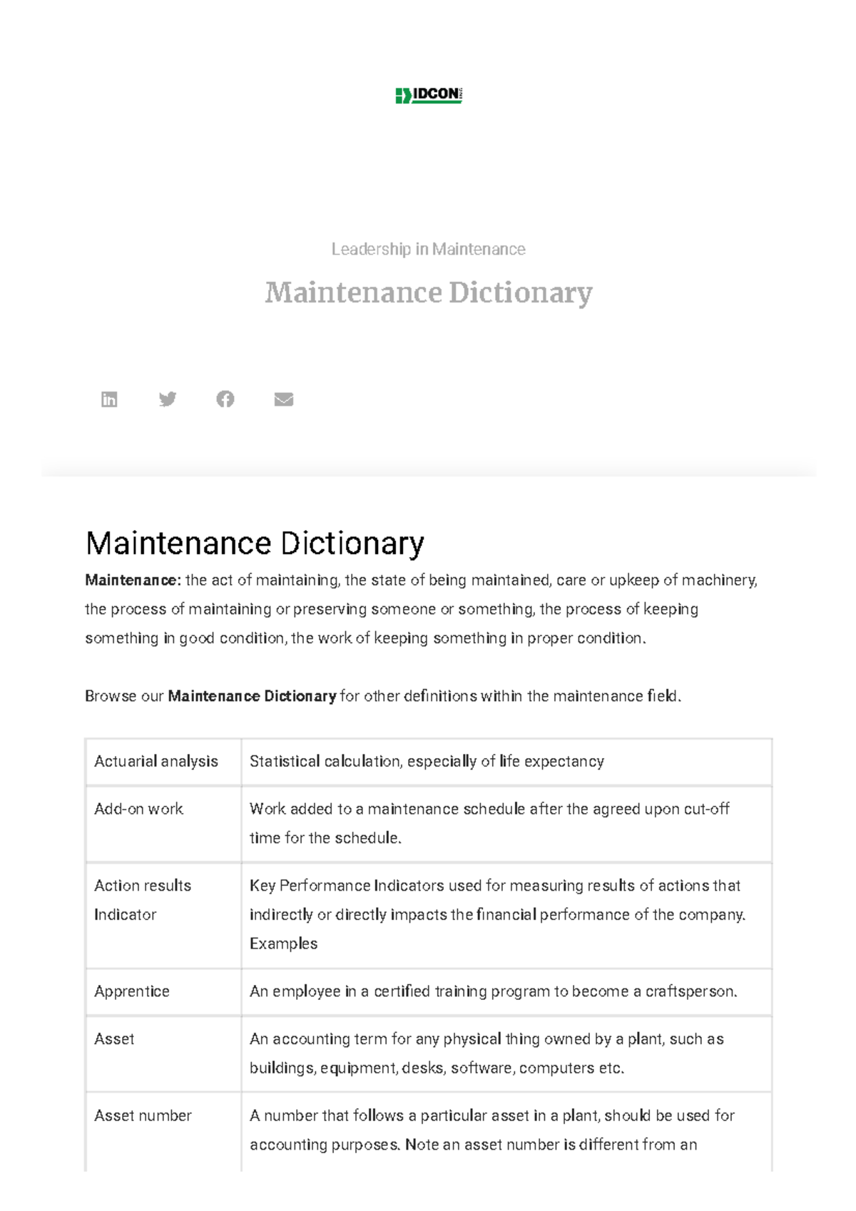 Maintenance Dictionary - Idcon Reliability and Maintenance Consulting ...