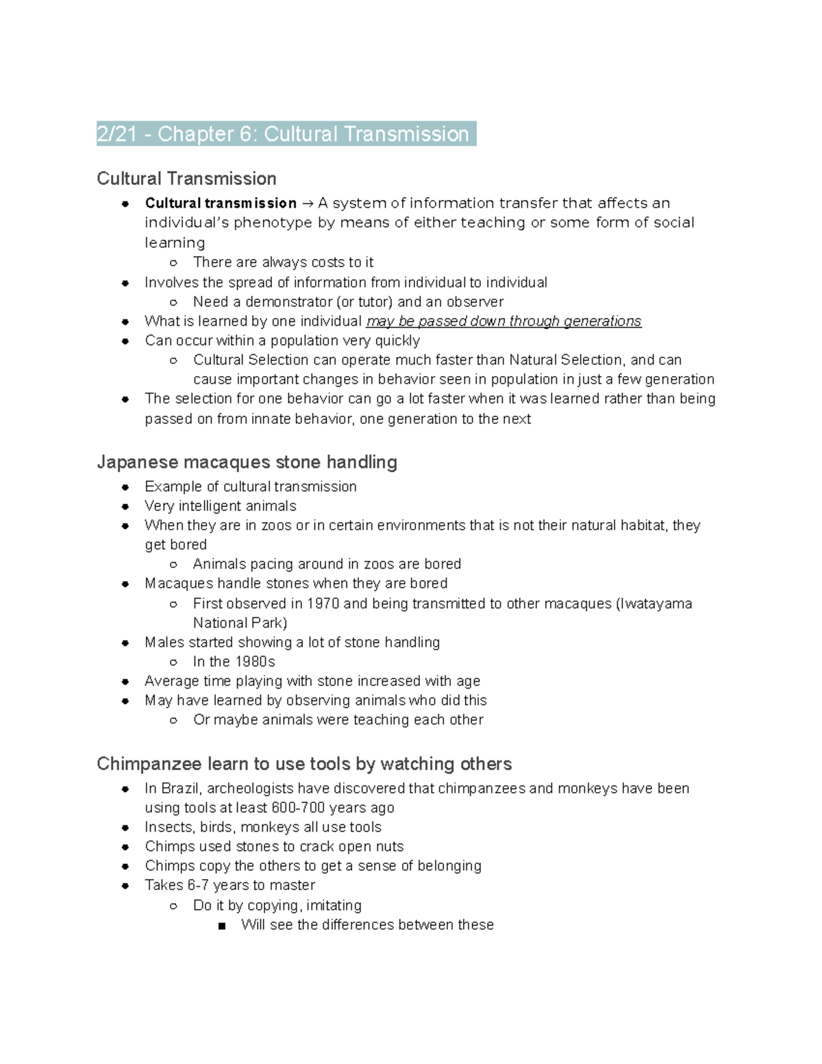 exam 2 lecture notes - 2/21 - Chapter 6: Cultural Transmission Cultural ...