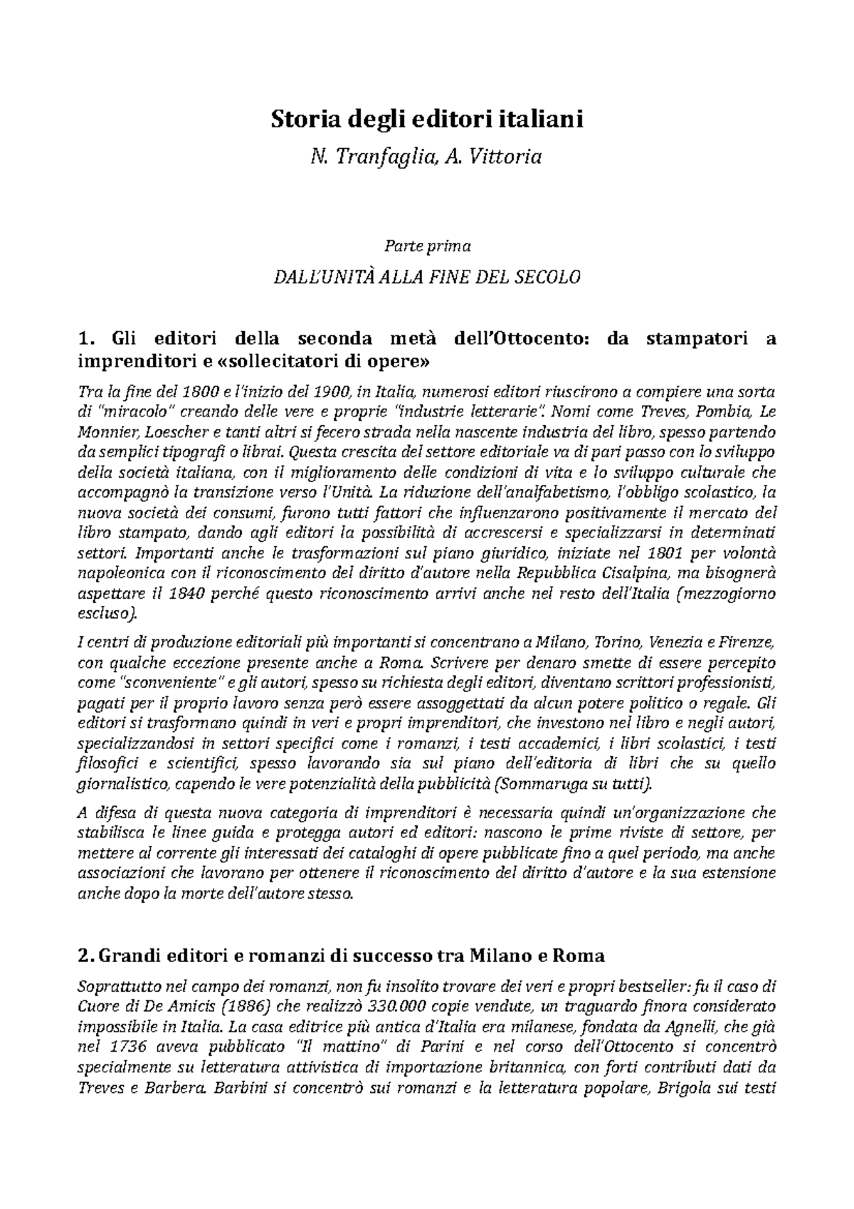 Storia degli editori italiani - Tranfaglia - RIASSUNTO - Storia degli ...