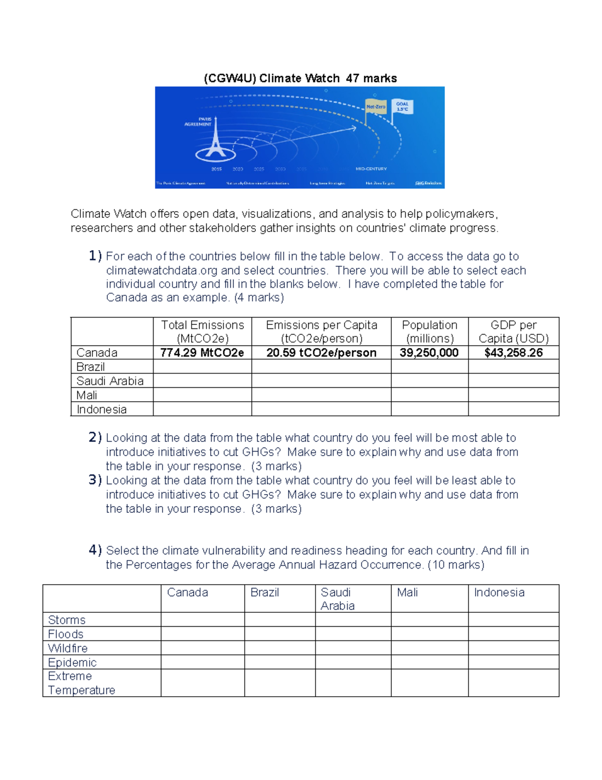Climate Watch Activity CGW4U - Copy - (CGW4U) Climate Watch 47 marks ...