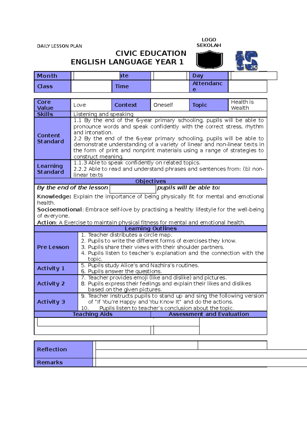 Civic Education Year 1 - DAILY LESSON PLAN CIVIC EDUCATION ENGLISH ...
