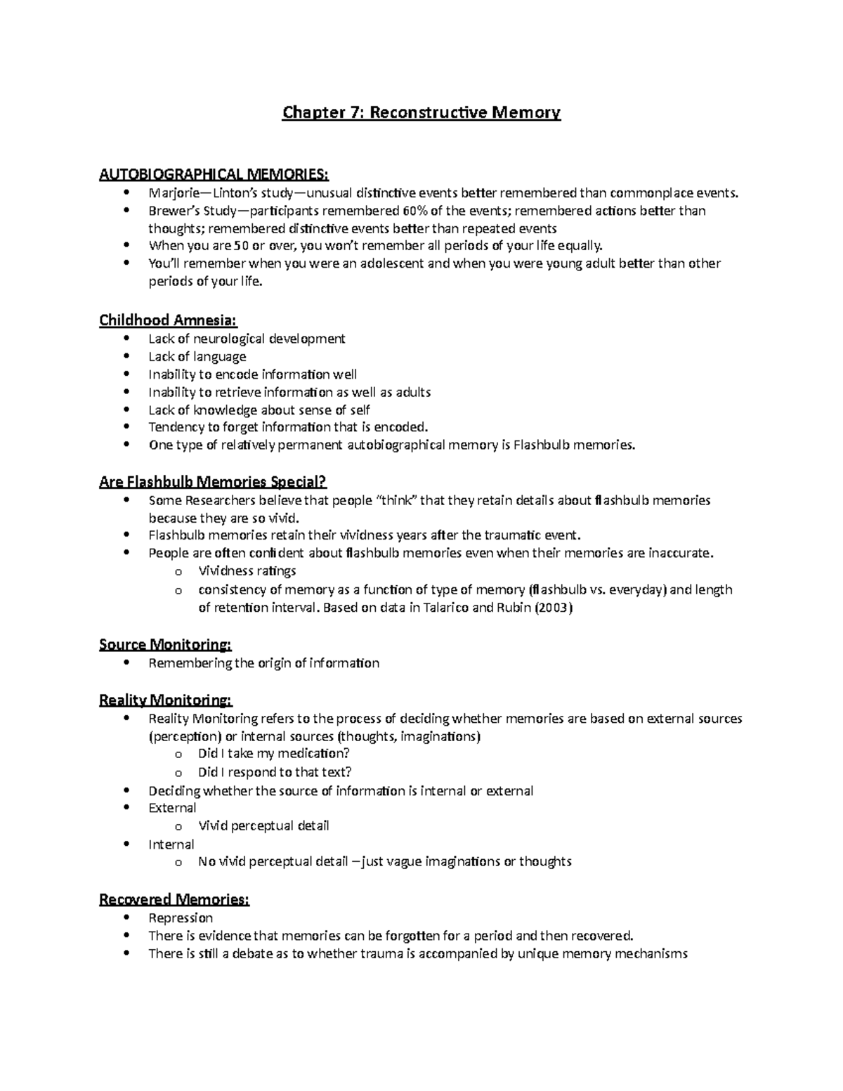 Chapter 7- Reconstructive Memory - Chapter 7: Reconstructive Memory AUTOBIOGRAPHICAL MEMORIES ...