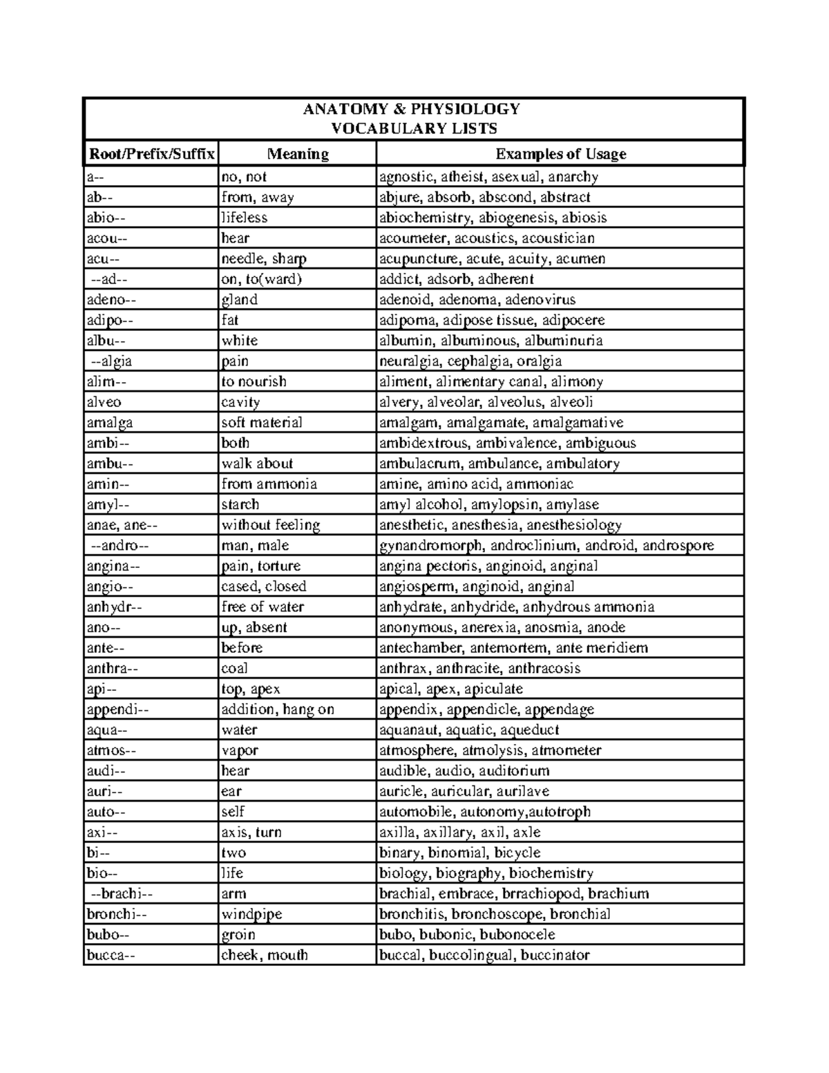 A pprefixes suffixes vocabulary list - VOCABULARY LISTS Root/Prefix ...