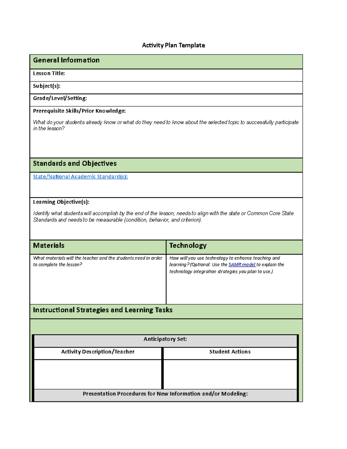 Activity Plan Template - Activity Plan Template General Information ...