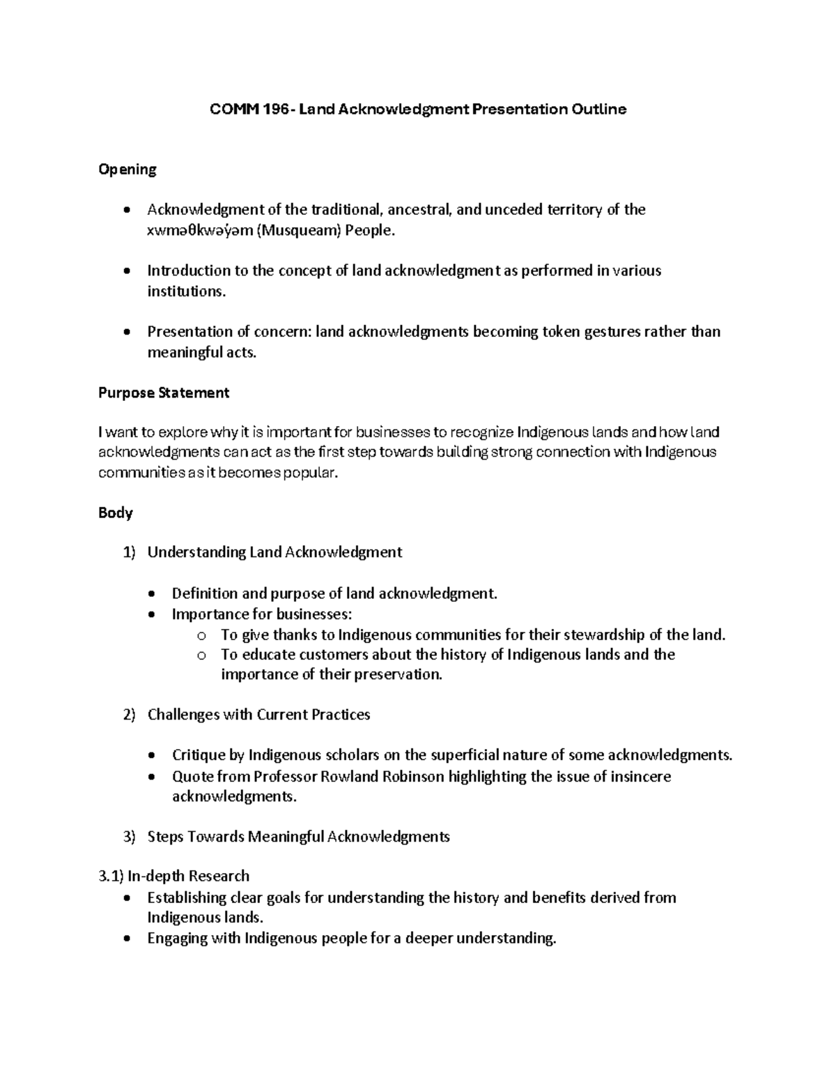 COMM 196 Major Assignment Outline - COMM 196- Land Acknowledgment Presentation Outline Opening ...