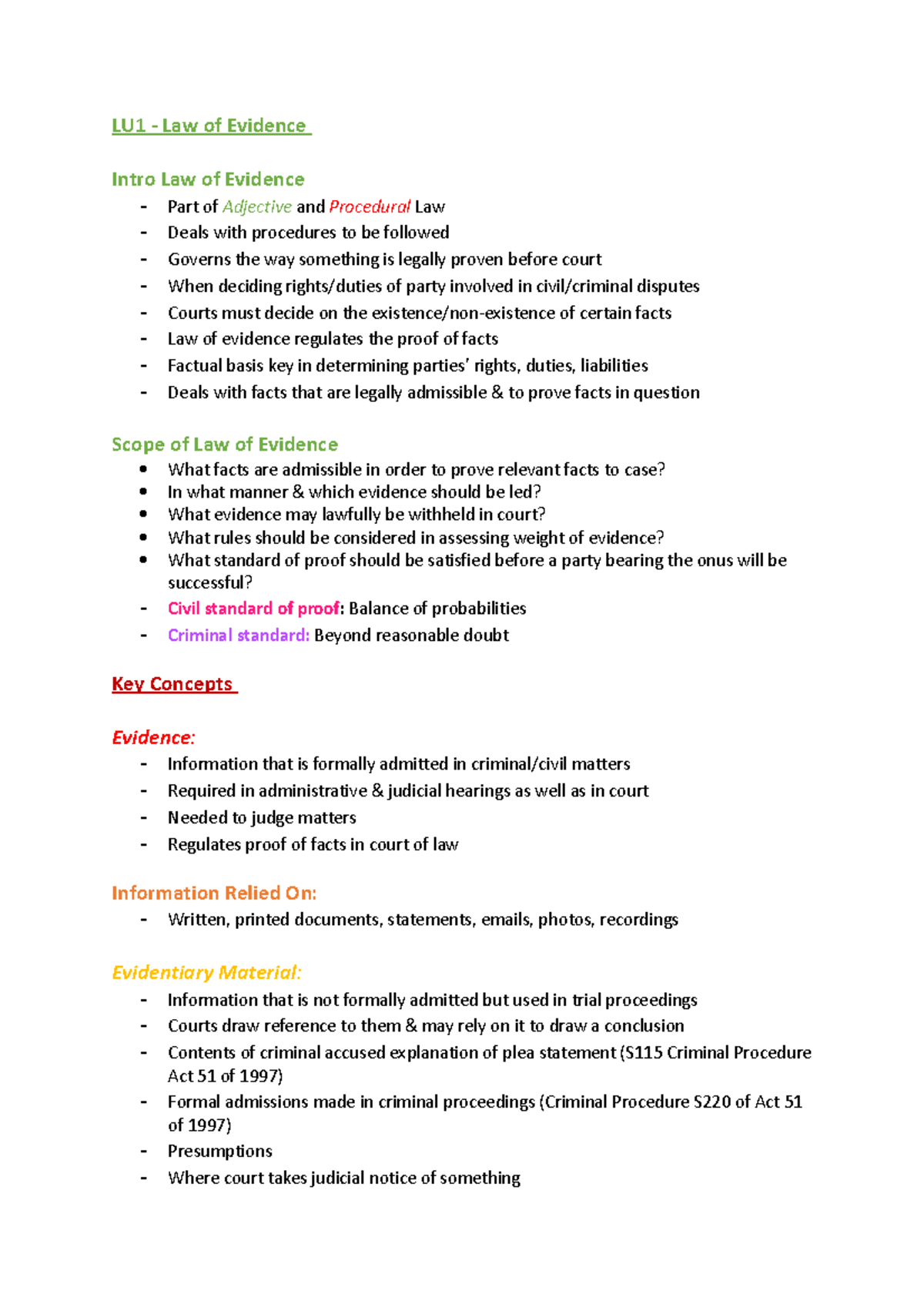 LU1 - N/A - LU1 - Law of Evidence Intro Law of Evidence - Part of ...