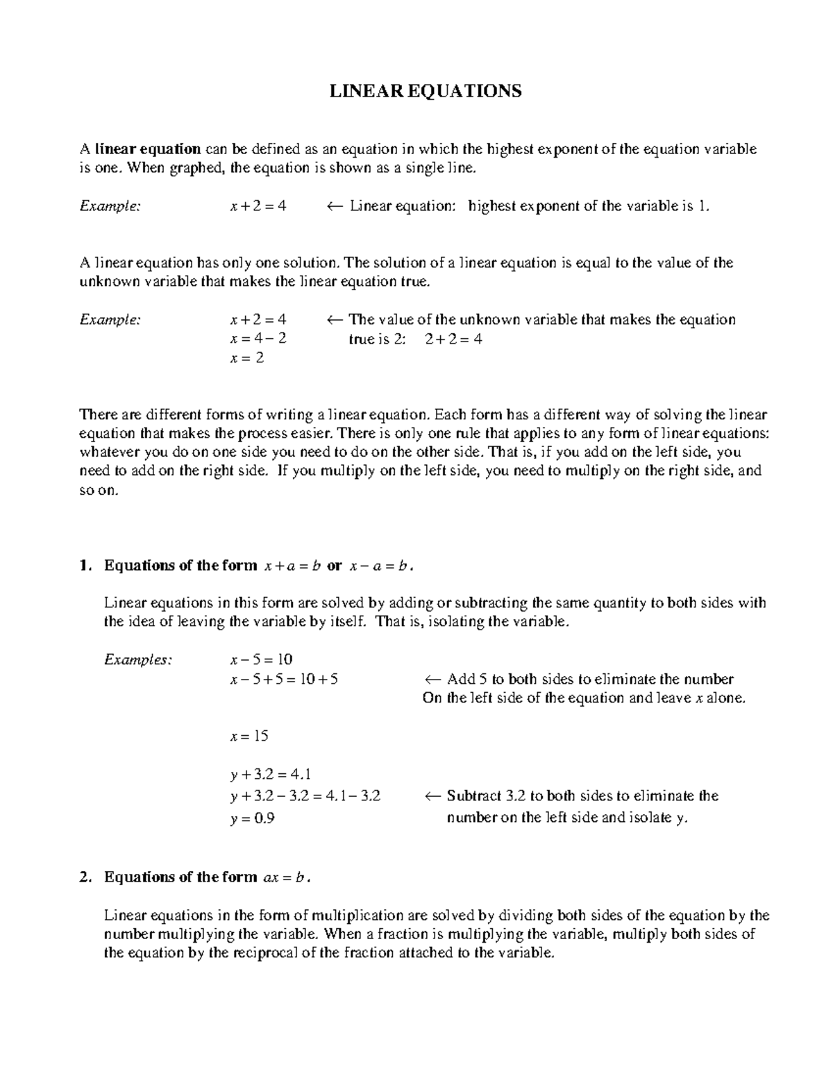 Linear Equations Worksheet LINEAR EQUATIONS A Linear Equation Can Be