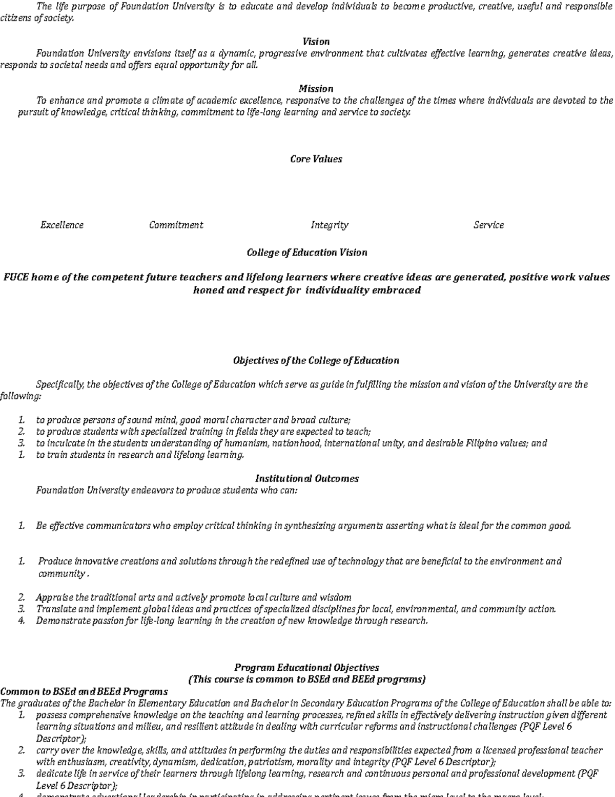 FOR- Students- Accre - The life purpose of Foundation University is to ...