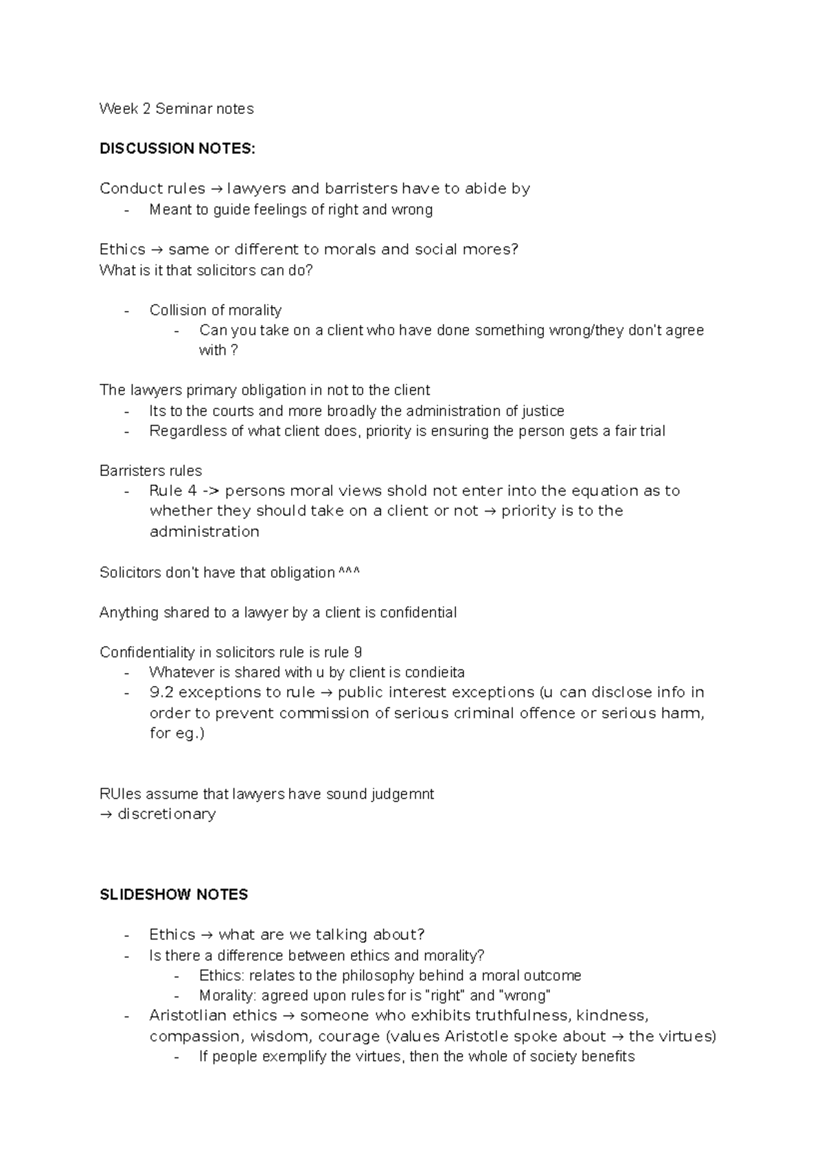 Week 2 Seminar Notes - Week 2 Seminar notes DISCUSSION NOTES: Conduct ...