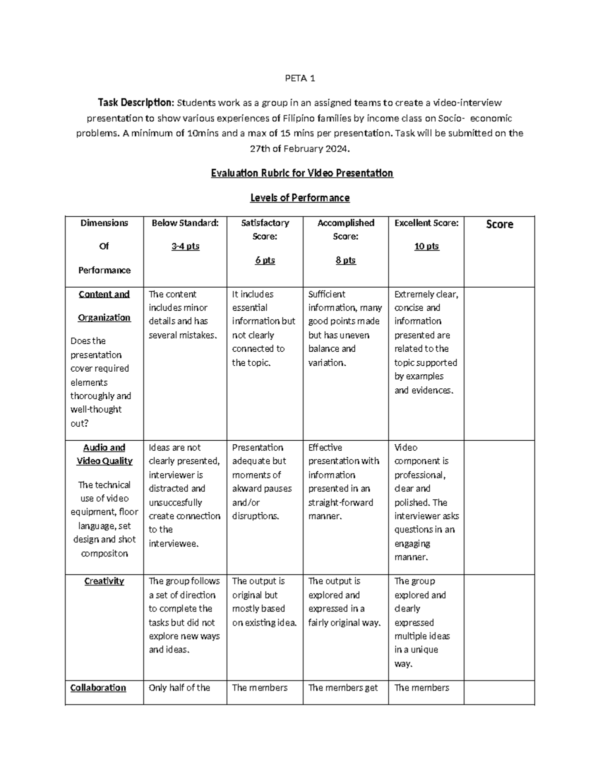 PETA 1 Applied ECON - ...... - PETA 1 Task Description: Students work as a group in an assigned ...