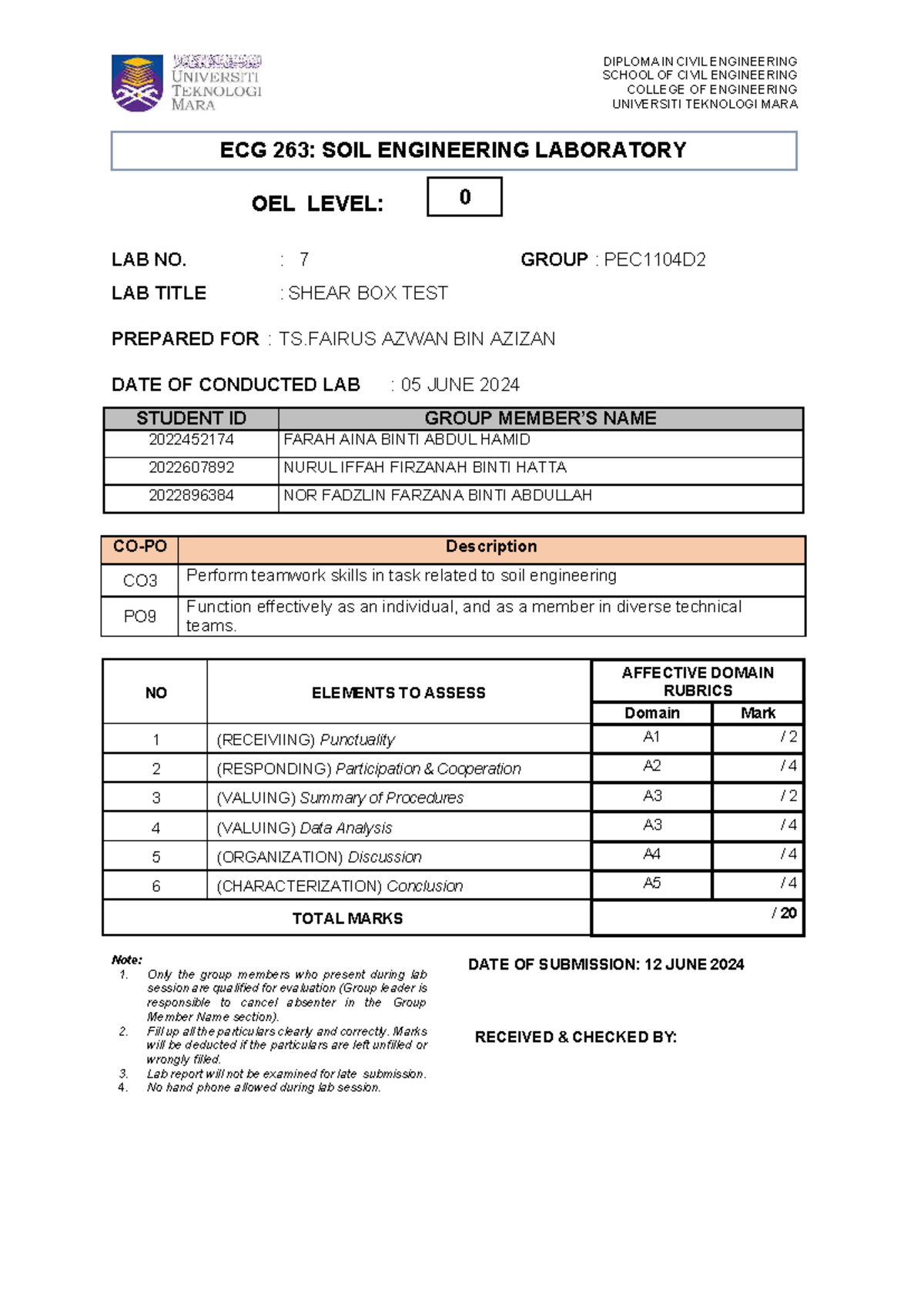 Lab 7 shear box test - farah - DIPLOMA IN CIVIL ENGINEERING SCHOOL OF ...