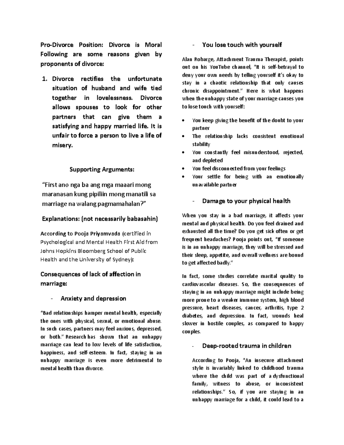 1-2 (Pro-Divorce Arguments) - Pro-Divorce Position: Divorce is Moral ...