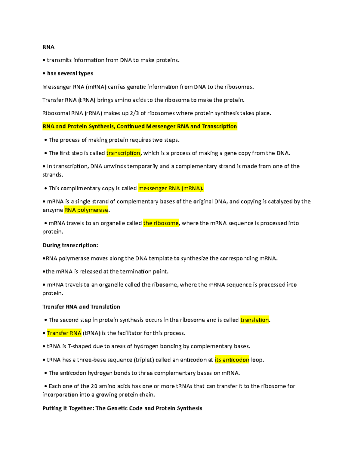 RNA - Lecture Notes of RNA Food Science Technology Reviewer - RNA ...