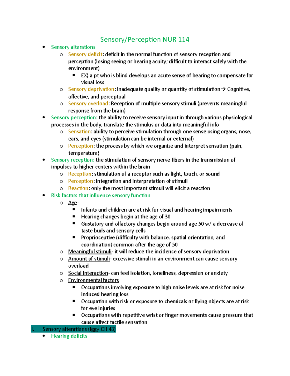 Sensory:Perception NUR 114 - Sensory/Perception NUR 114 Sensory ...