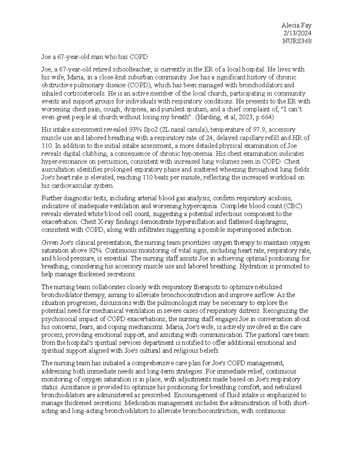 Oxygenation Reverse Case Study - Alecia Fay 2/13/ NURS Joe a 67-year ...