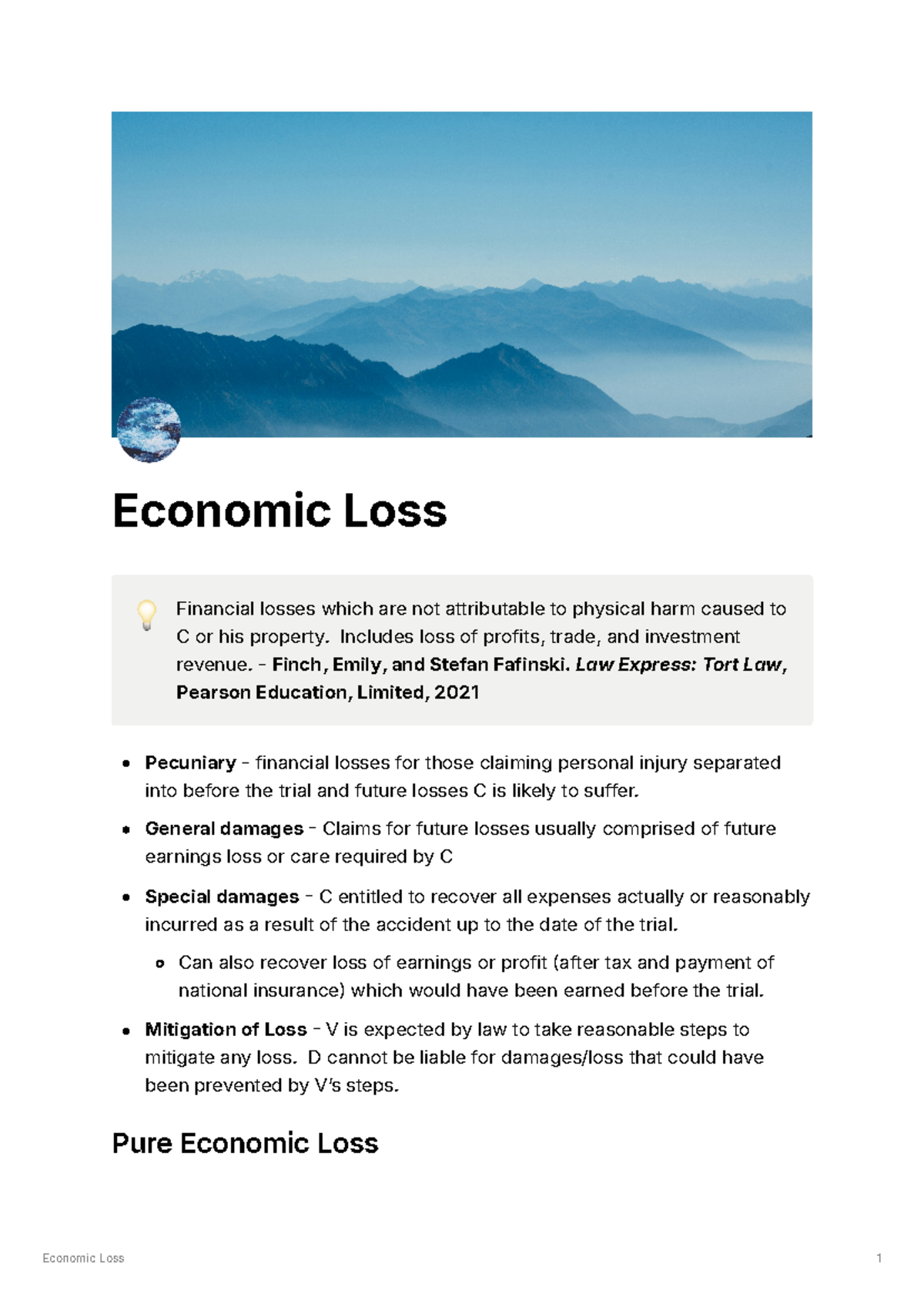 Economic Loss - Summary Tort Law - Economic Loss 💡 Financial losses ...