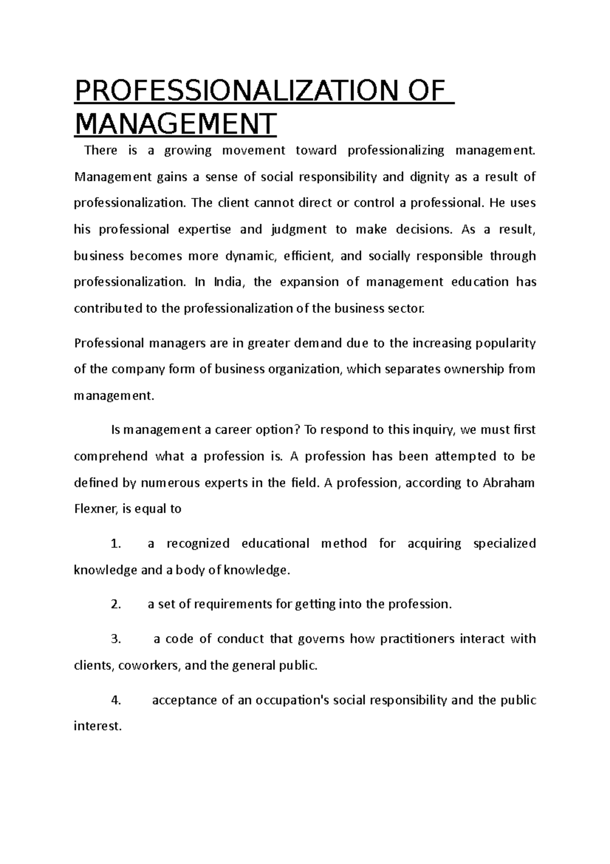Professionalization OF Management - PROFESSIONALIZATION OF MANAGEMENT ...