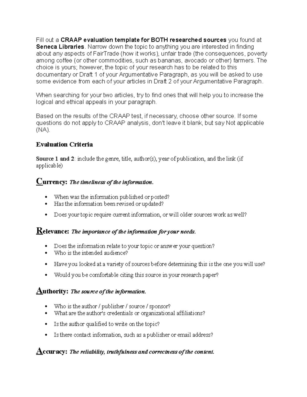 Craap 101 Analysis - Instructions - Fill out a CRAAP evaluation ...