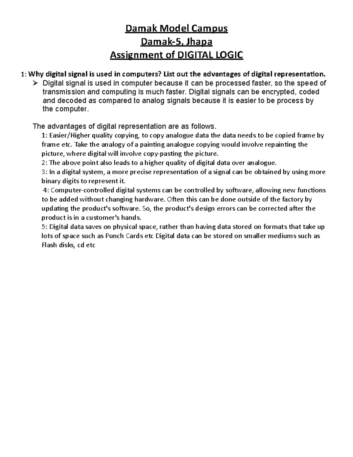 Assignment of dl - Damak Model Campus Damak-5, Jhapa Assignment of ...