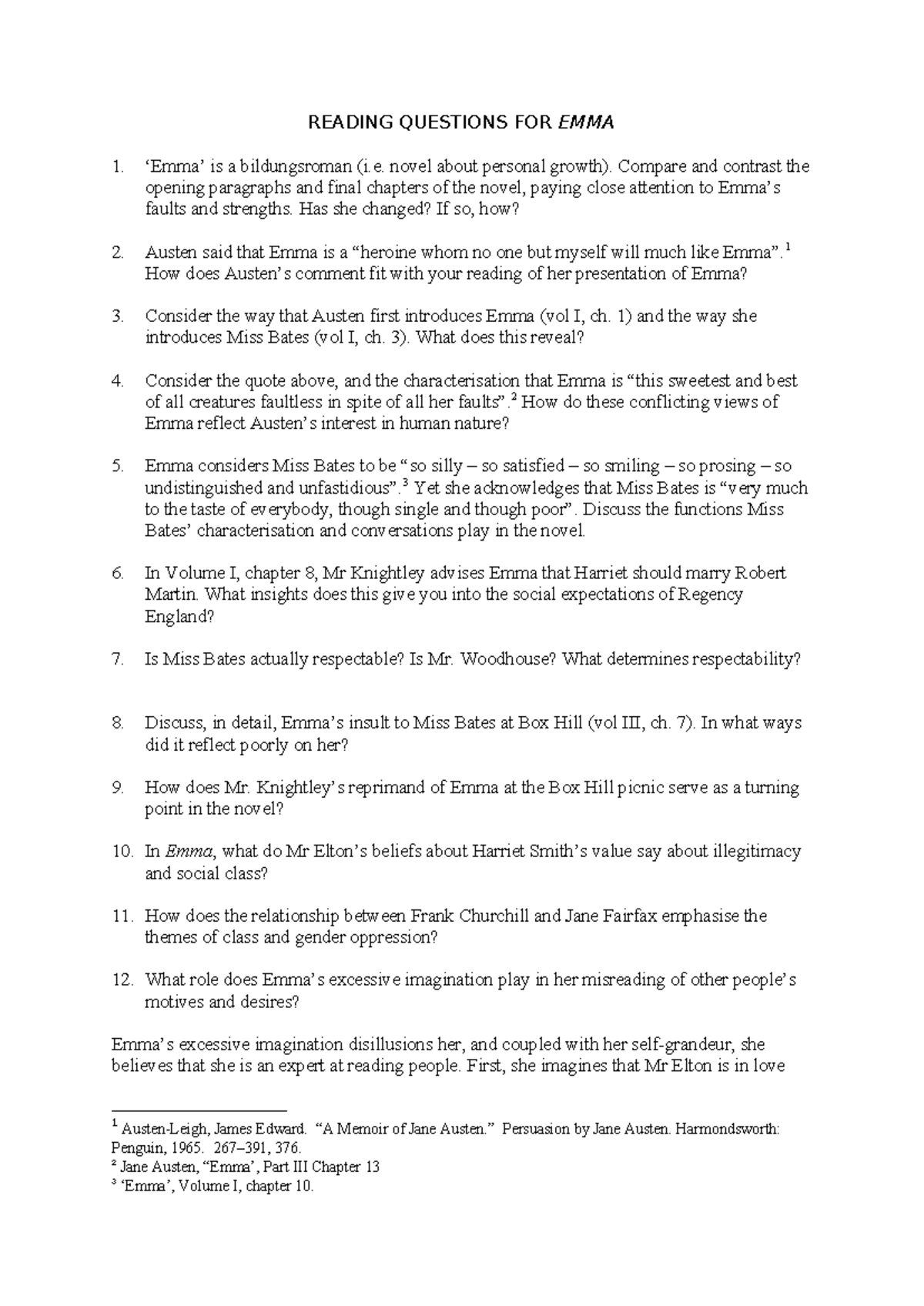 Reading Questions for Emma (with answers) - READING QUESTIONS FOR EMMA ...