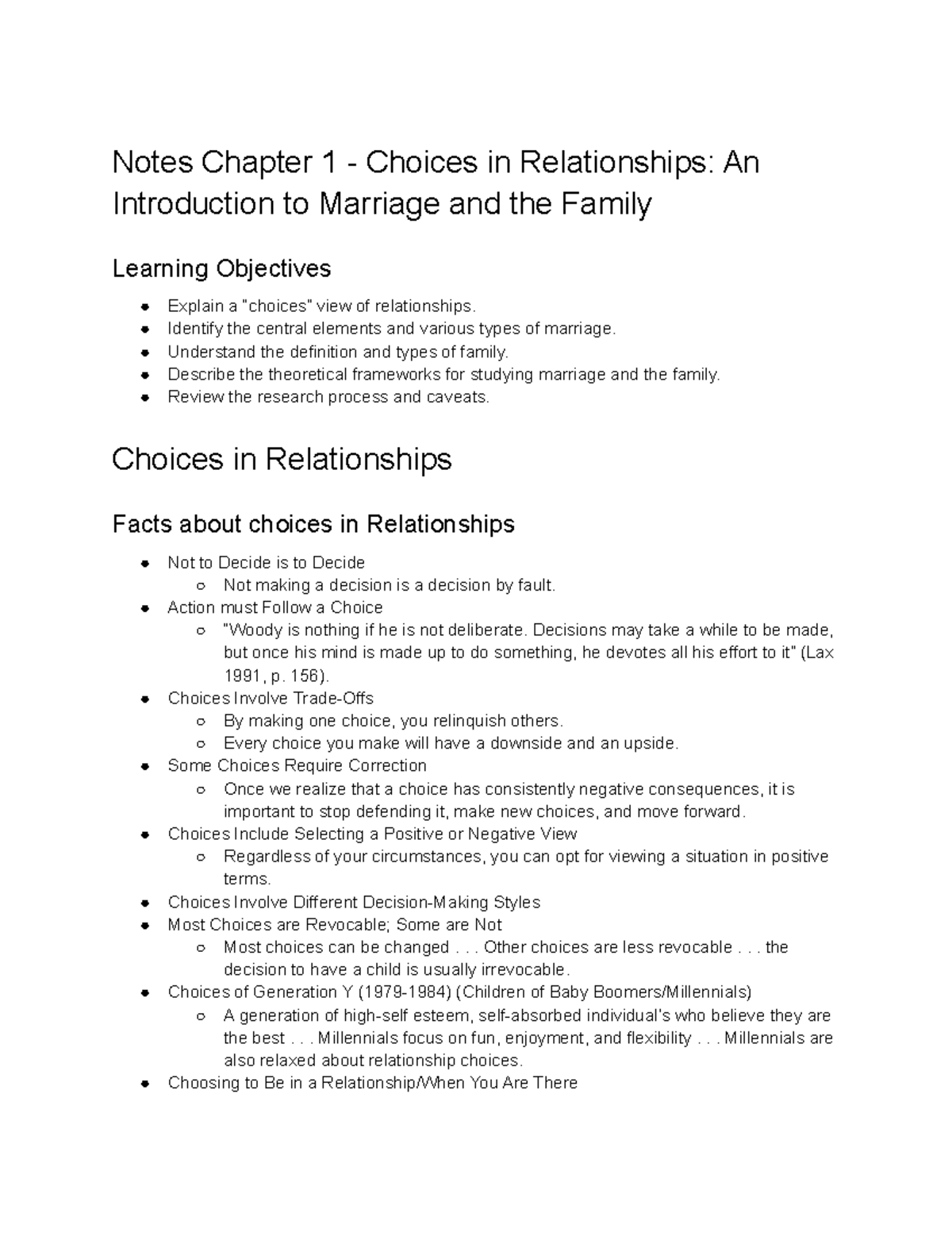 Notes Chapter 1 - Choices in Relationships An Introduction to Marriage ...