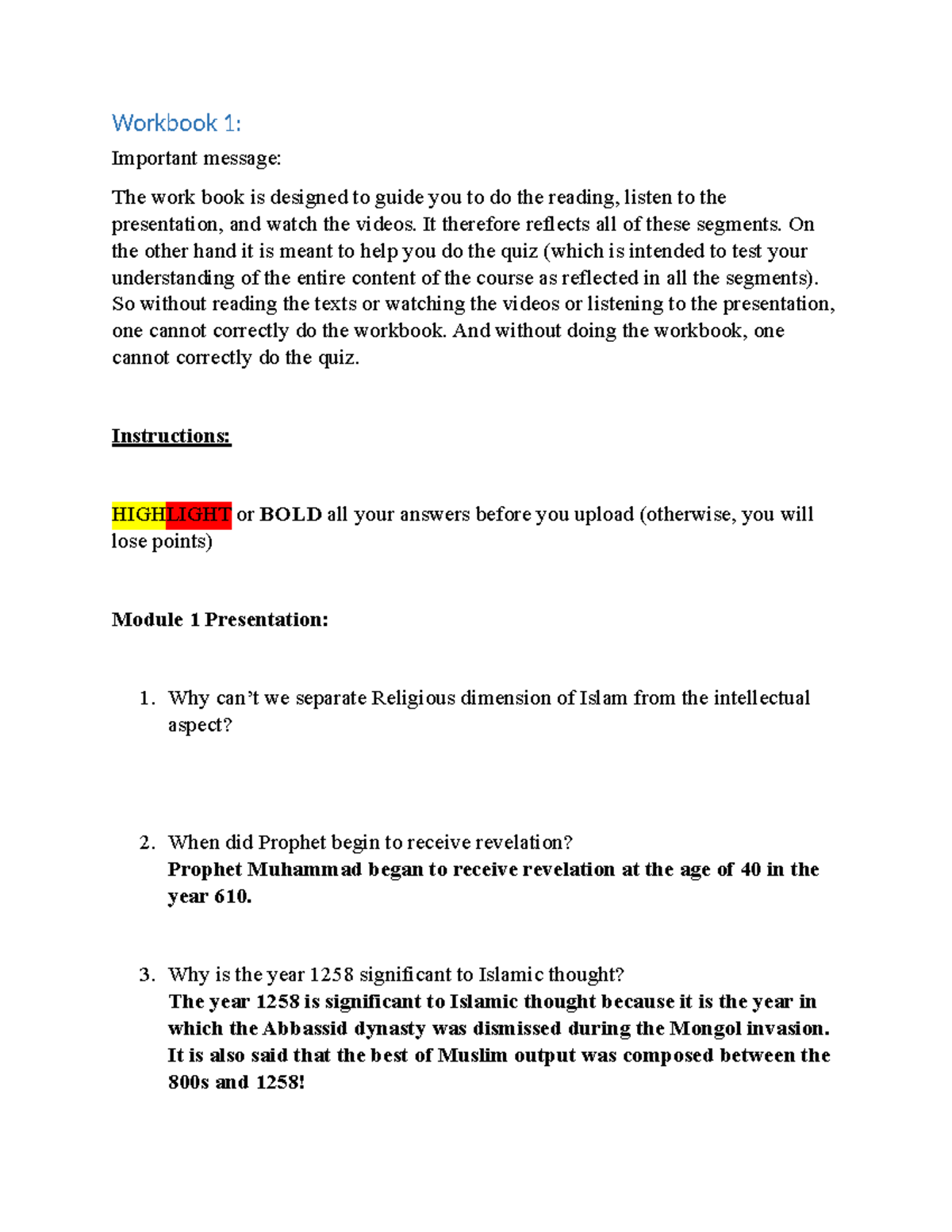 Workbook 1-371 - Work - Workbook 1: Important message: The work book is ...