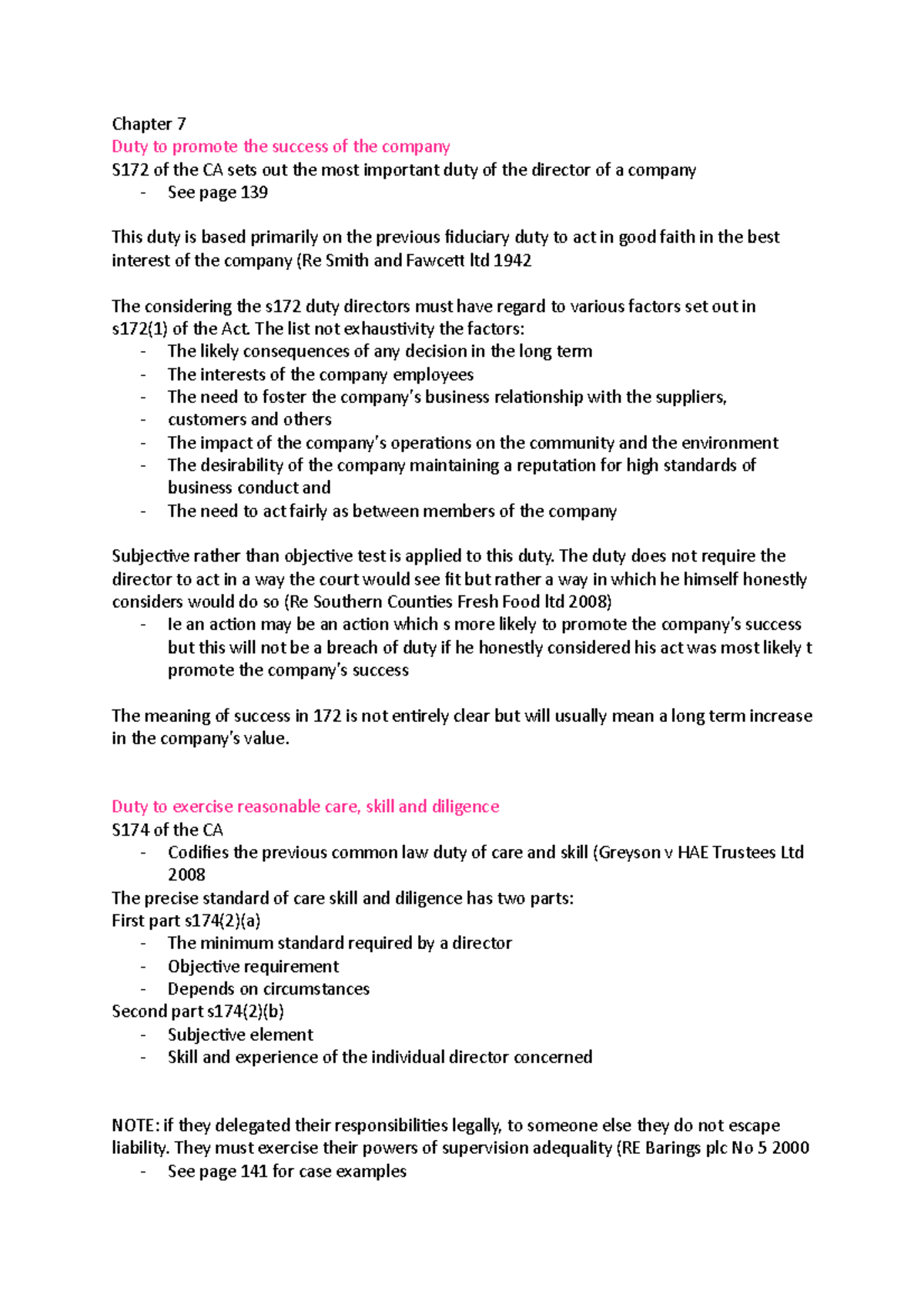 Notes - Chapter 7 Duty to promote the success of the company S172 of ...