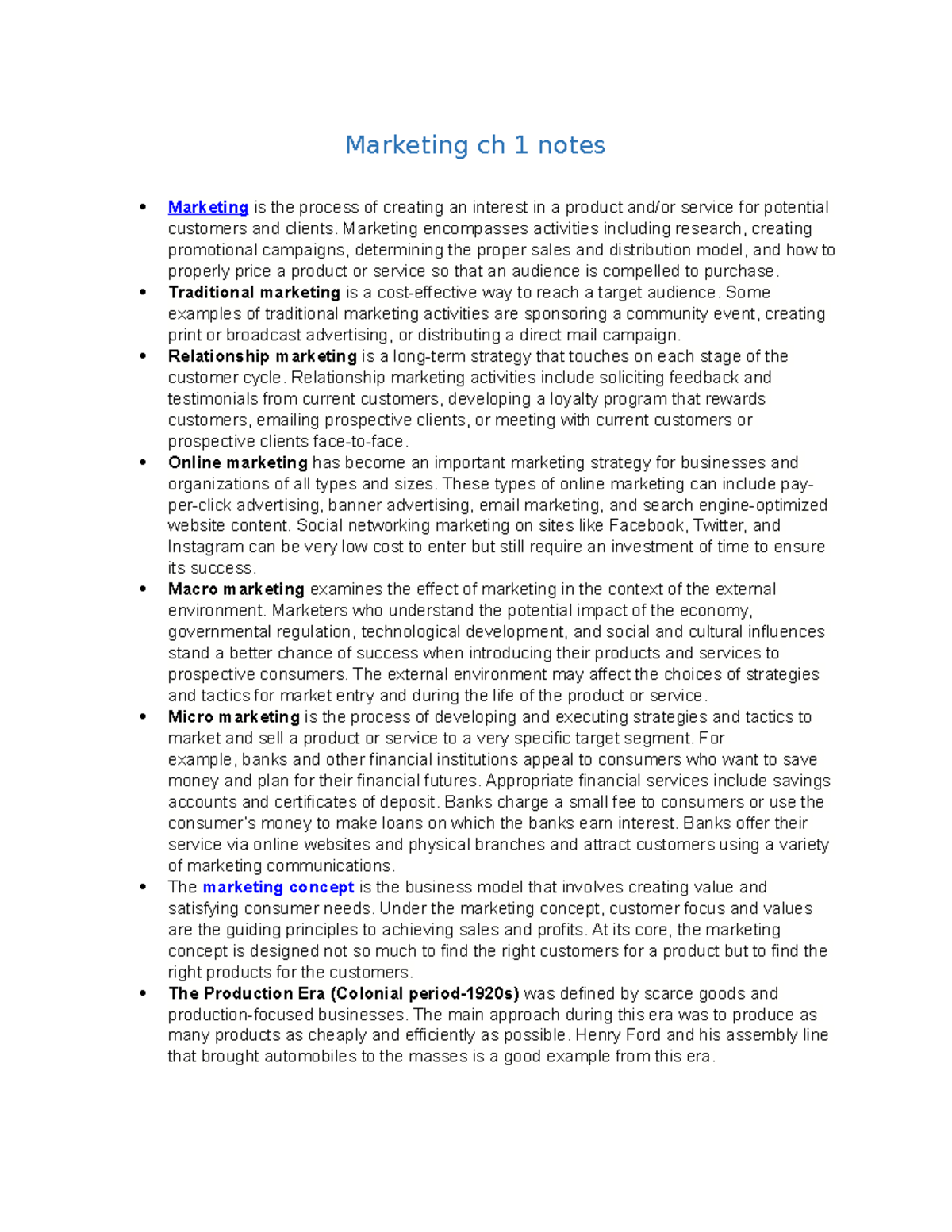 CH1 Notes - Marketing ch 1 notes Marketing is the process of creating ...