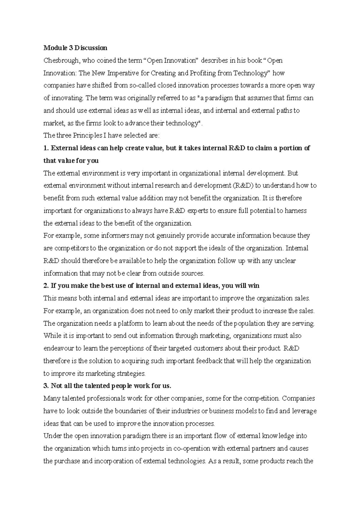Module 3 Discussion - Business studies - Module 3 Discussion Chesbrough ...