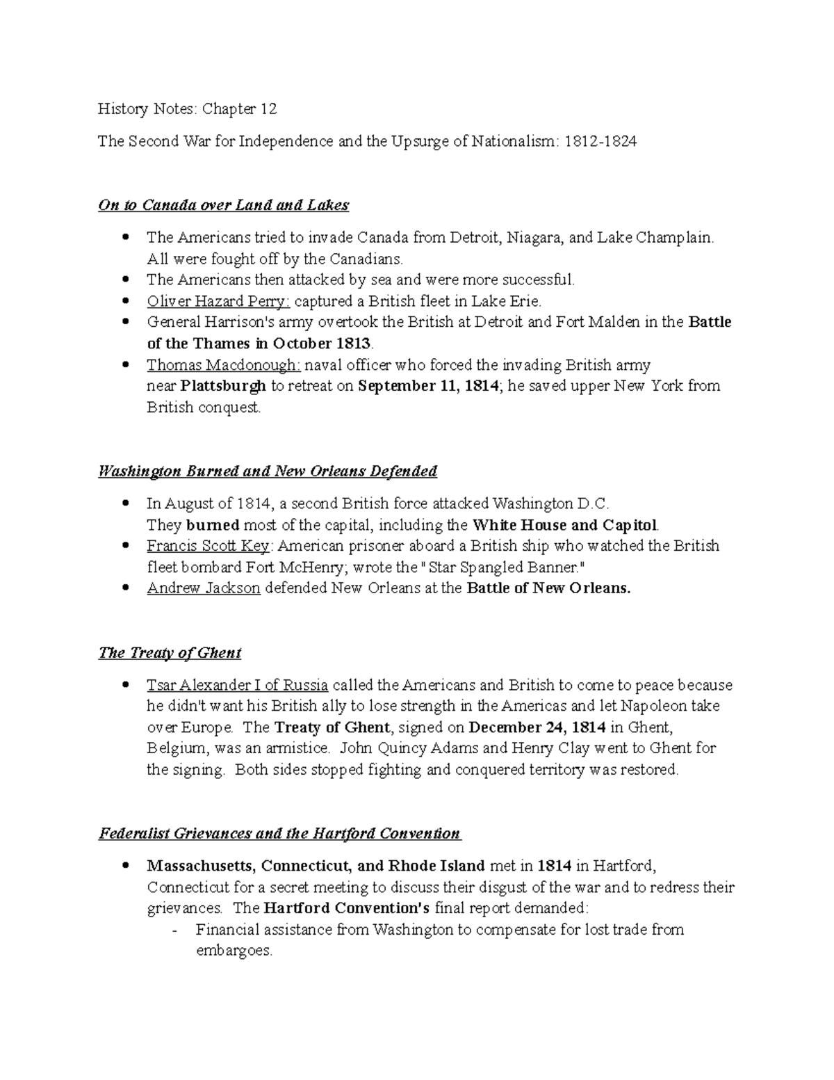 History Notes Ch 12 - History Notes: Chapter 12 The Second War for ...