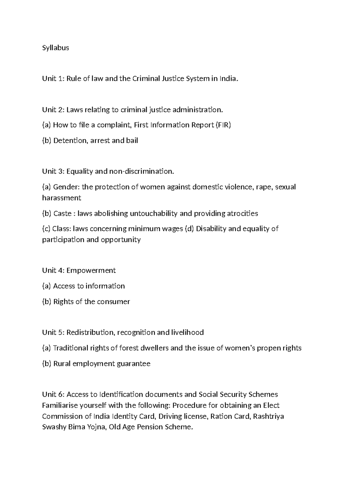 Syllabus law and rights - Syllabus Unit 1: Rule of law and the Criminal ...
