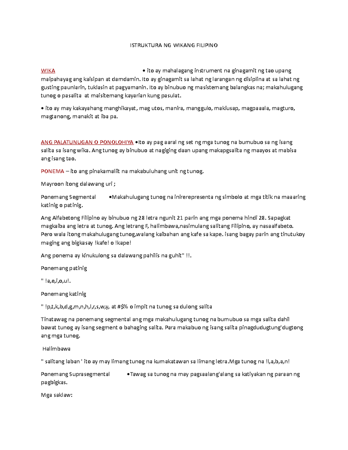 Istruktura NG Wikang Filipino - ISTRUKTURA NG WIKANG FILIPINO WIKA • ito ay mahalagang ...