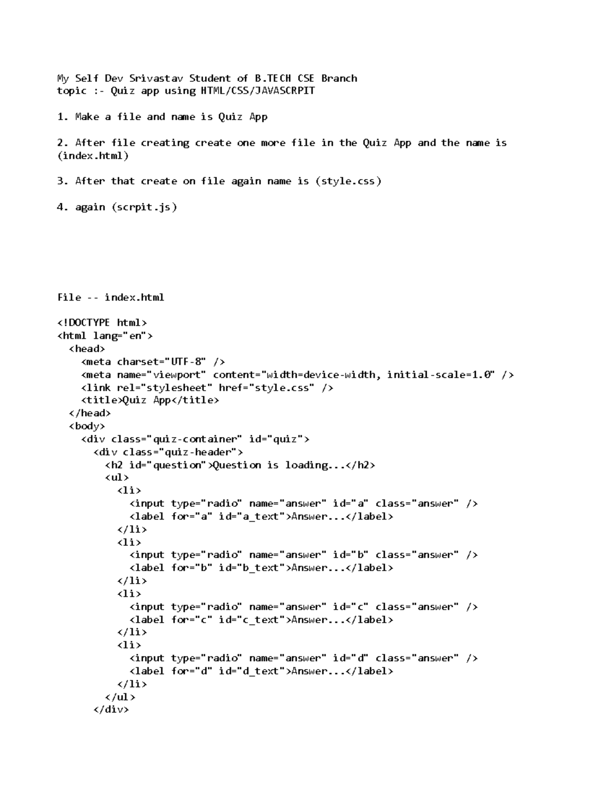 Quiz App Project - My Self Dev Srivastav Student of B CSE Branch topic ...