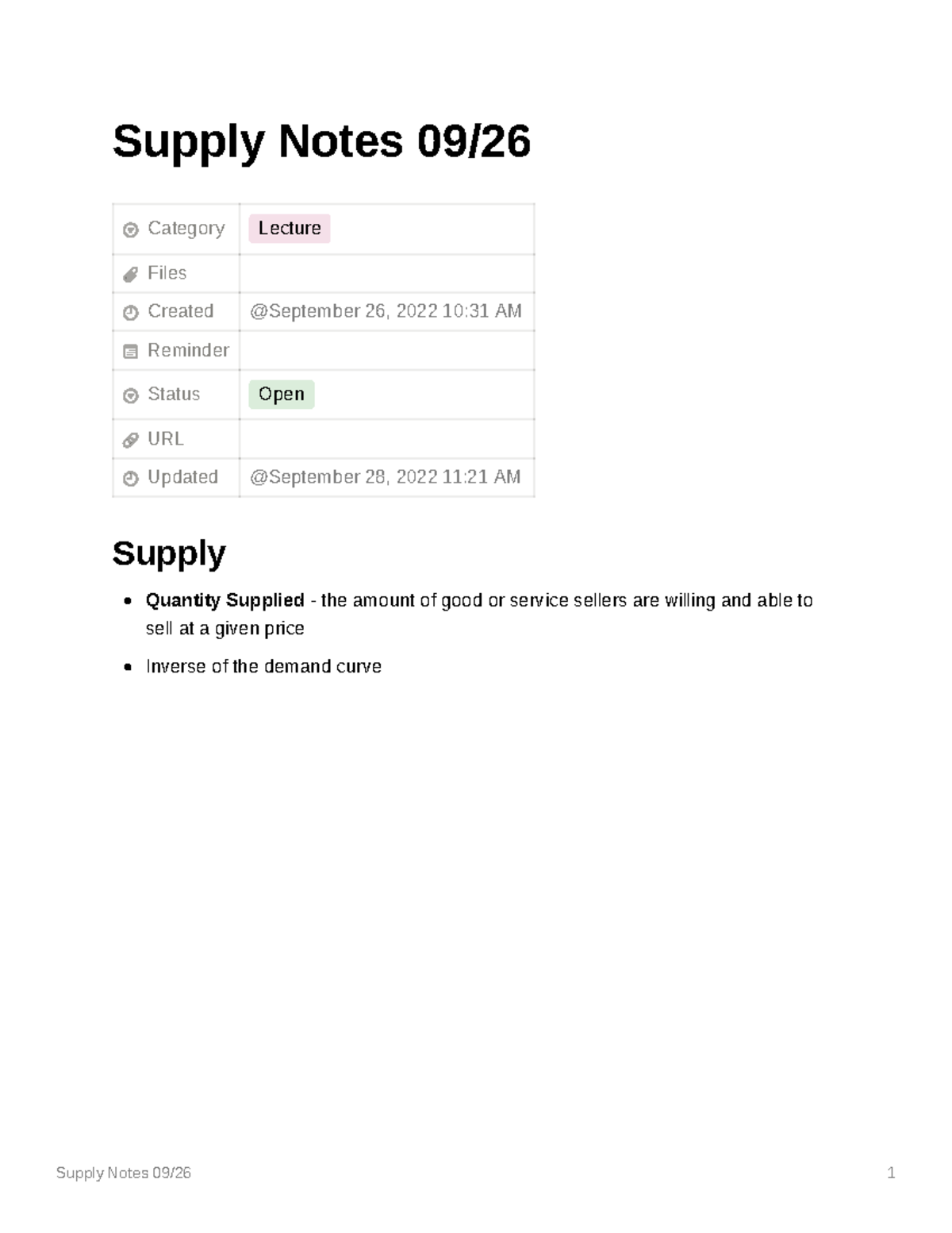 Supply Notes - Microeconomics Notes - Supply Notes 09/26 1 Supply Notes ...