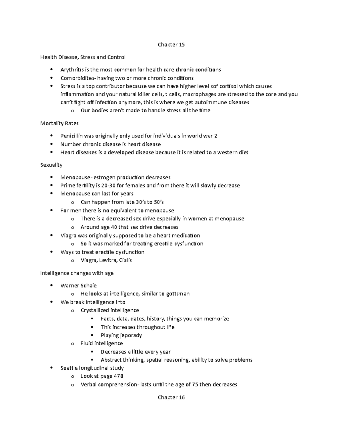 Chapter 15 and 16 notes - Chapter 15 Health Disease, Stress and Control ...