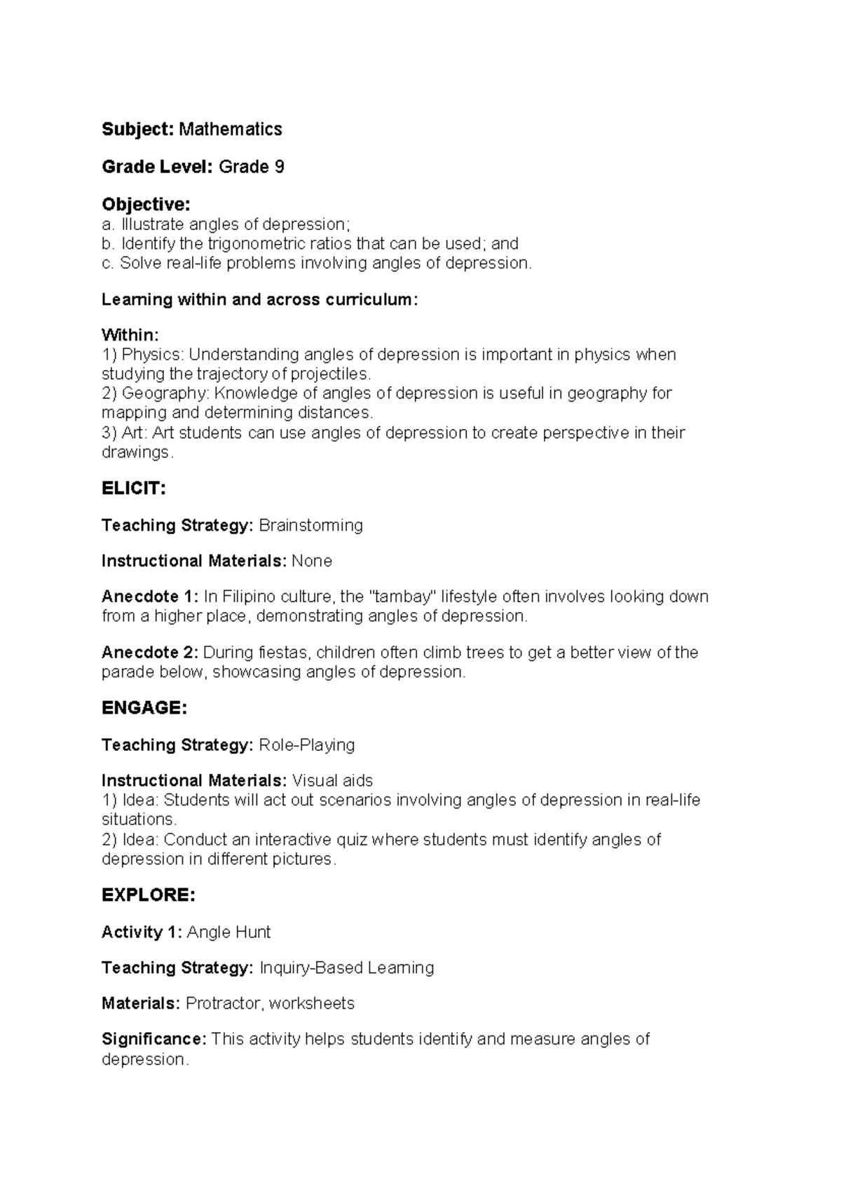 Lesson plan - None - Subject: Mathematics Grade Level: Grade 9 ...