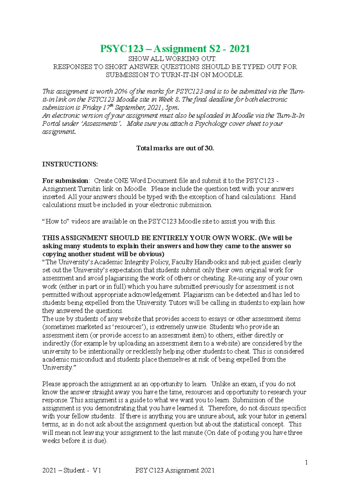 PSYC123 Assignment S2 2021 - Student V2 - PSYC123 – Assignment S2 - 2021 SHOW ALL WORKING OUT ...