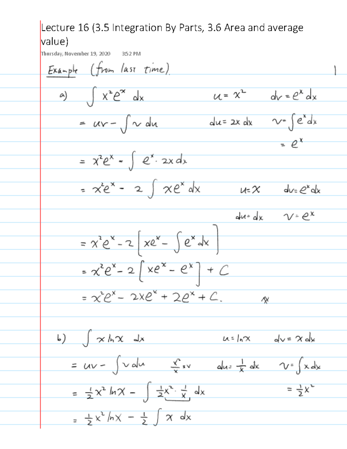Lecture 16 (3.5 Integration By Parts, 3.6 Area and average value ...