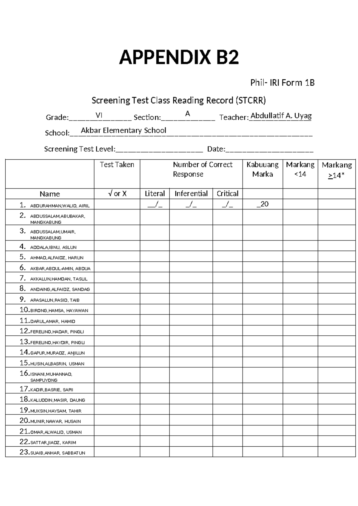 Appendix B2 - to read - APPENDIX B Phil- IRI Form 1B Screening Test ...