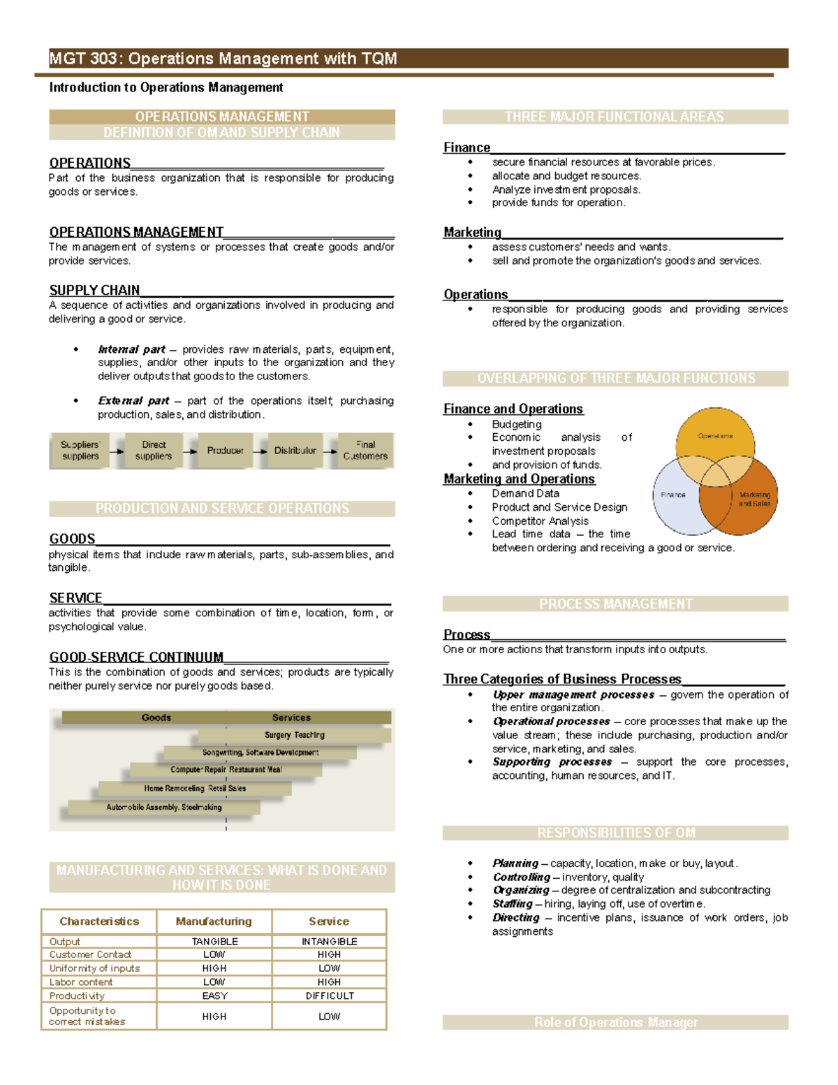 Chapter 1 Notes - operations management - MGT 303: Operations ...