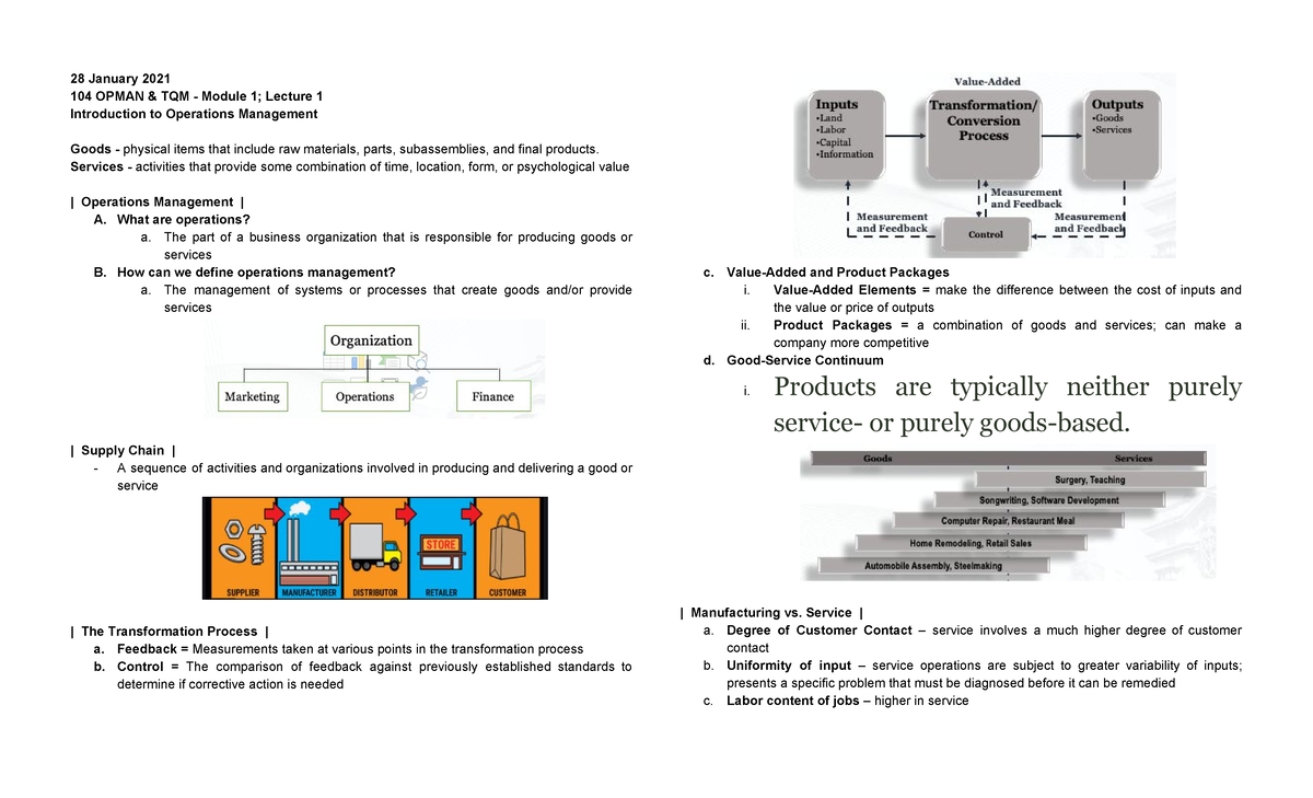 OPMan - Lecture 01 - 28 January 2021 104 OPMAN & TQM - Module 1; Lecture 1 Introduction to - Studocu