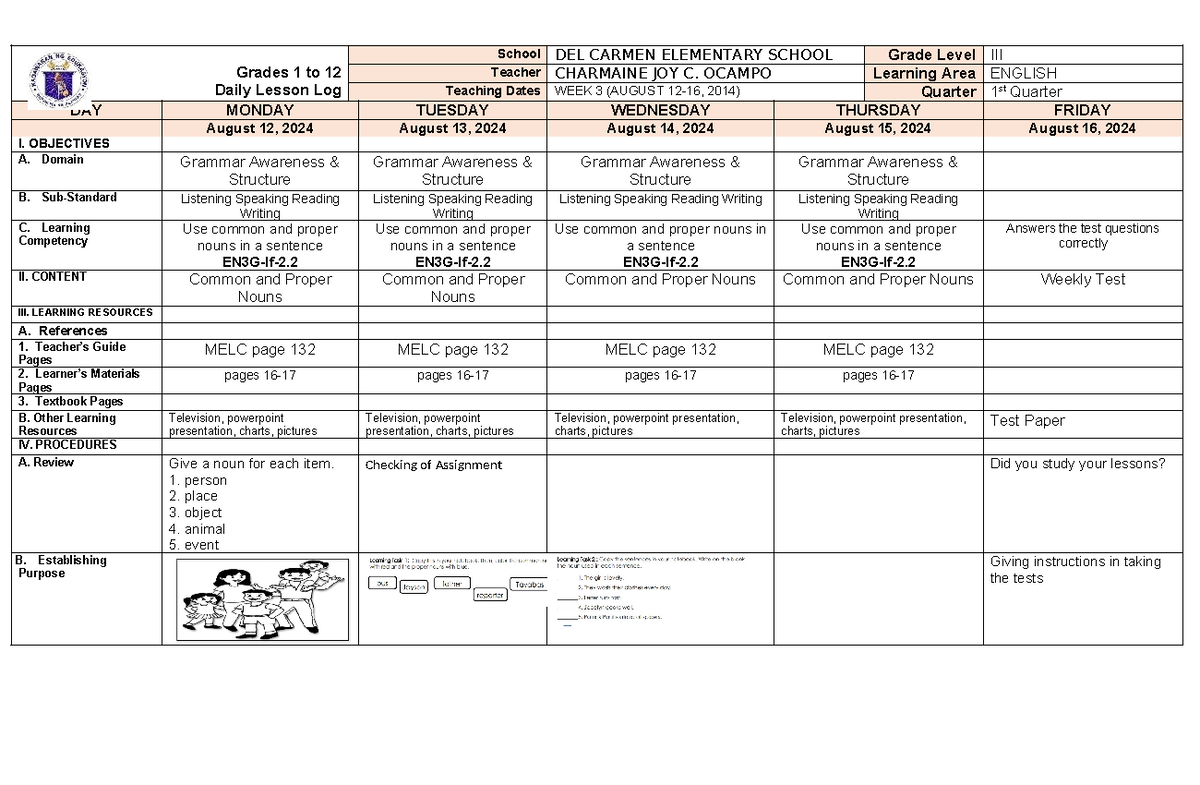 DLL- English-Q1-WEEK 3 - Grades 1 to 12 Daily Lesson Log School DEL ...