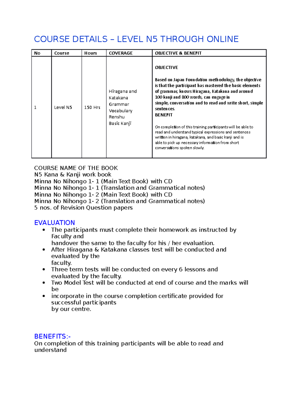 Japanese Language Training-JLPT N5 - COURSE DETAILS – LEVEL N5 THROUGH ...
