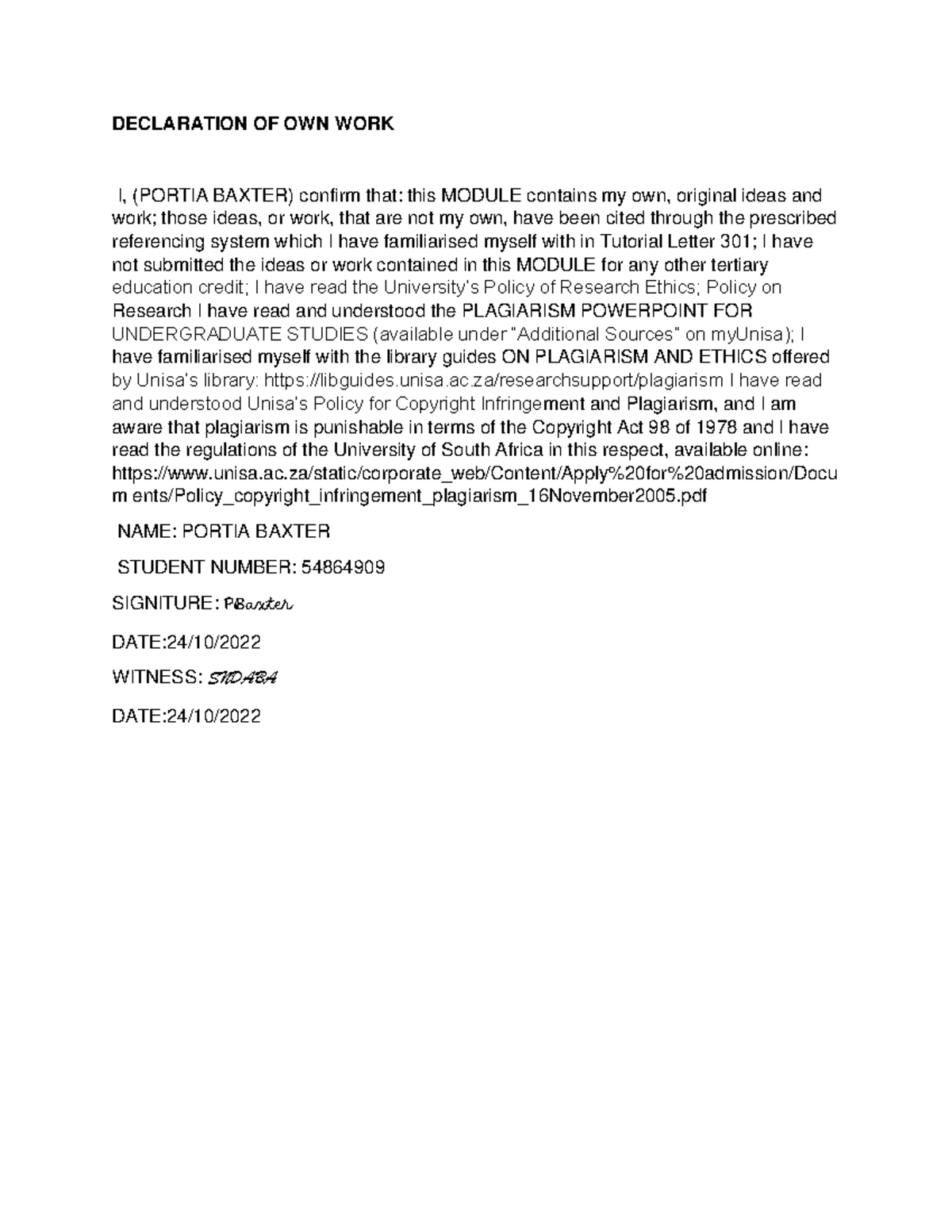 Portfolio 3705 - DECLARATION OF OWN WORK I, (PORTIA BAXTER) confirm ...