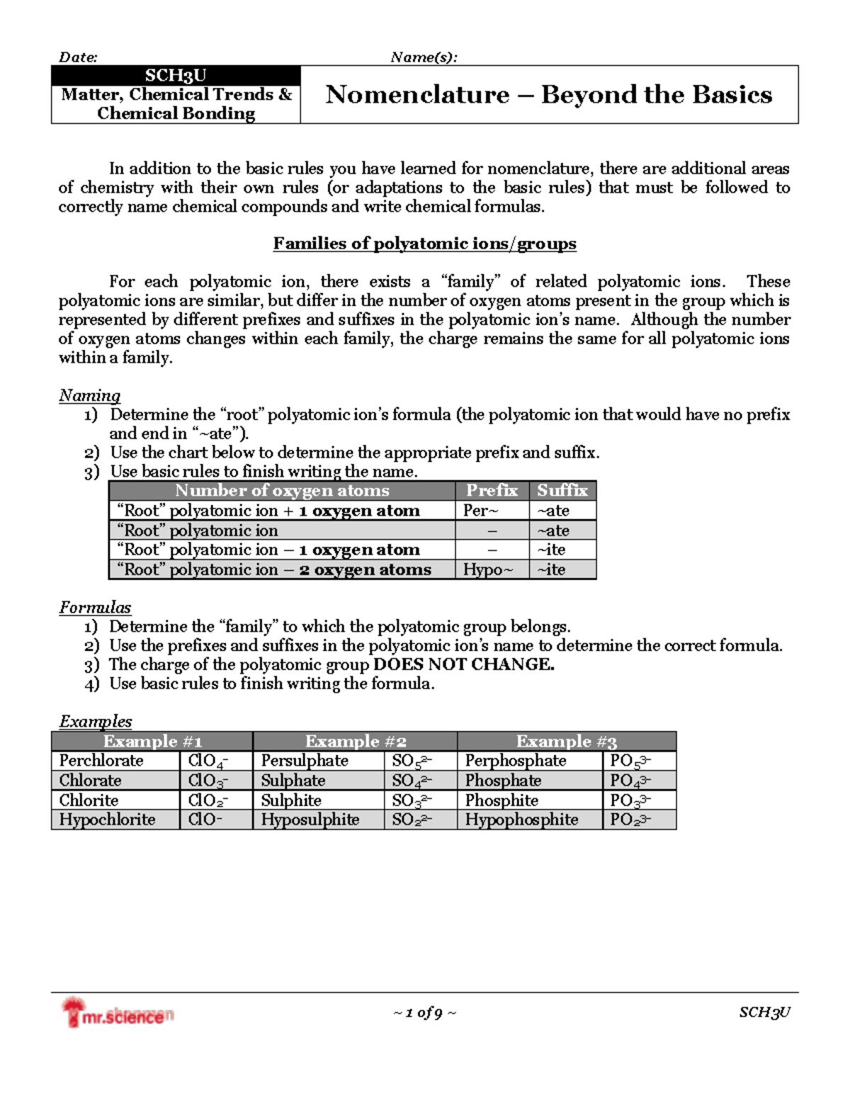 Notes B6 Nomenclature (Beyond the Basics) - SCH3U Matter, Chemical ...
