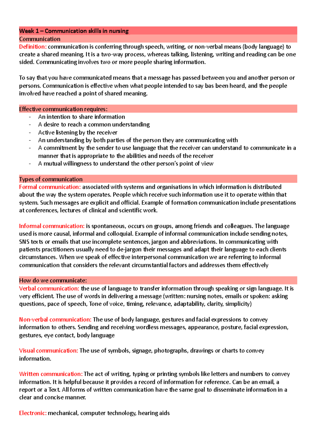 Health Comms - Lecture notes - Week 1 – Communication skills in nursing ...