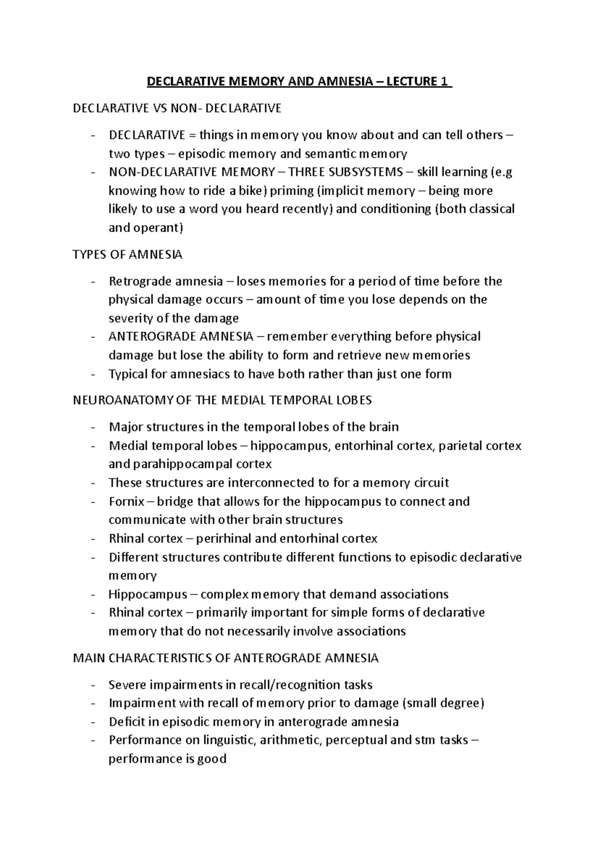 Lecture 1 - overview - DECLARATIVE MEMORY AND AMNESIA – LECTURE 1 ...