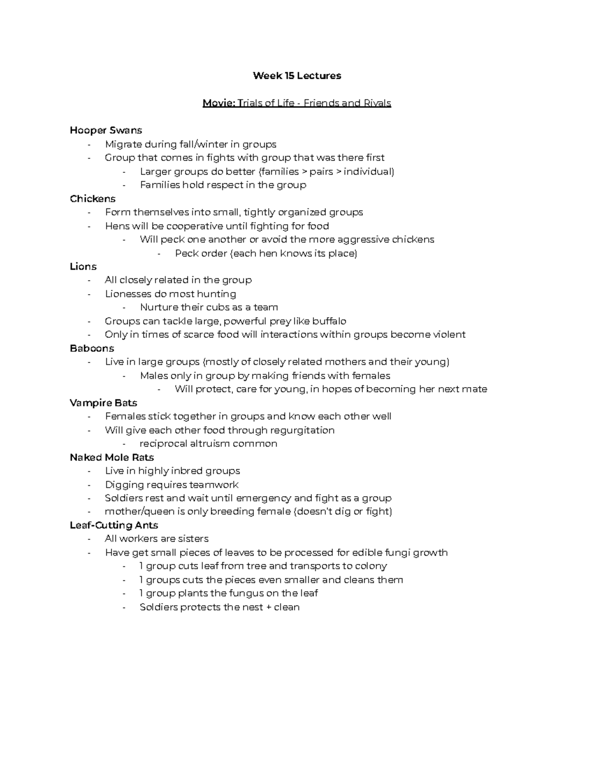 Week 15 Lectures - Week 15 Lectures Movie: Trials of Life - Friends and Rivals Hooper Swans ...