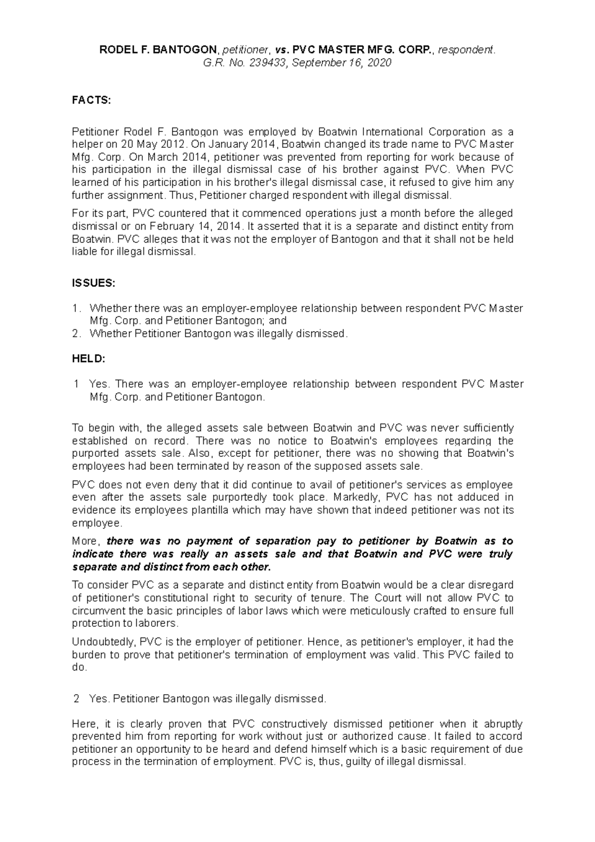 Bantogon VS PVC Case Digest - RODEL F. BANTOGON, petitioner, vs. PVC ...